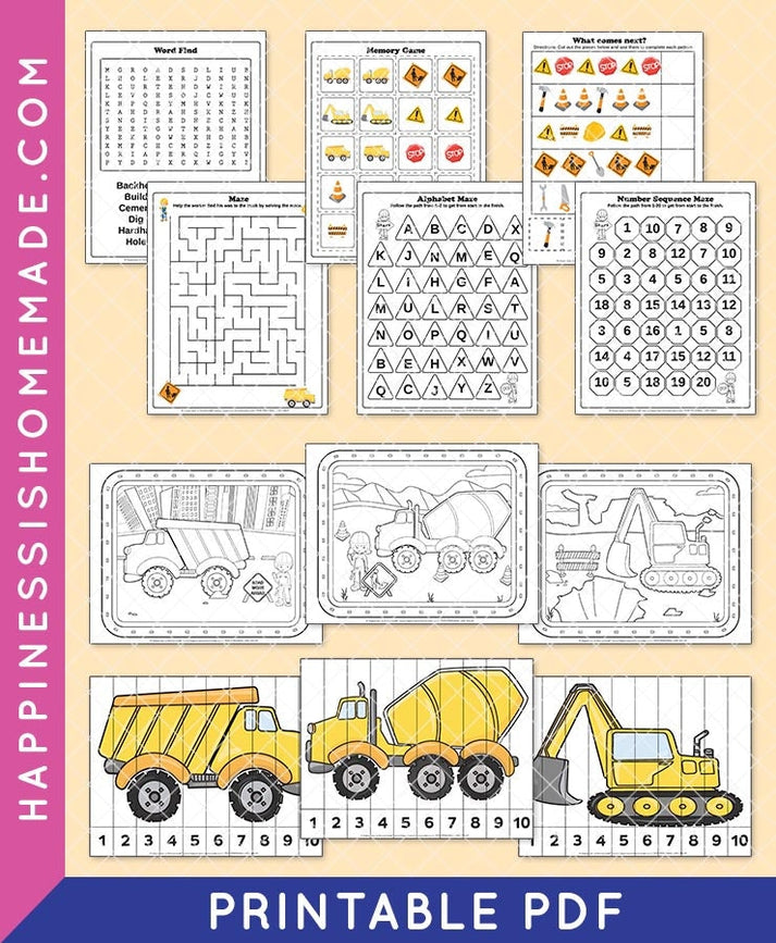 Construction Vehicle Activity Pack – Happiness is Homemade
