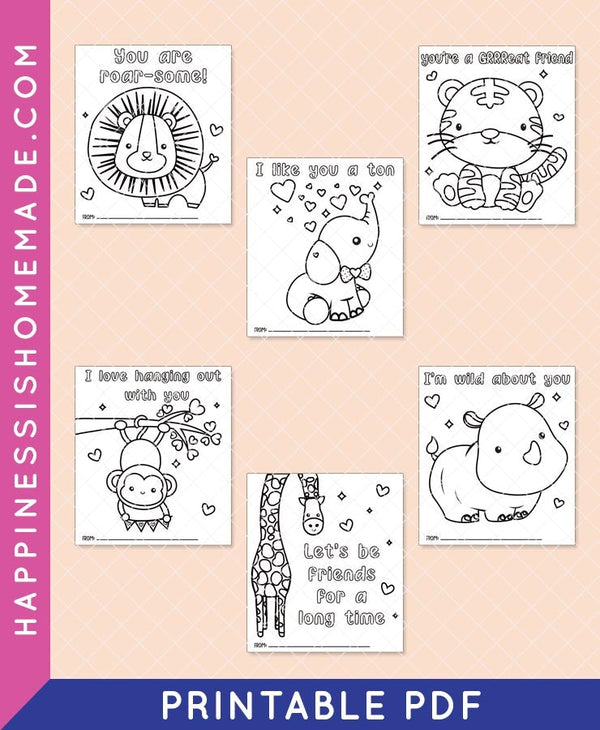 Jungle Animal Coloring Valentine Cards – Happiness is Homemade