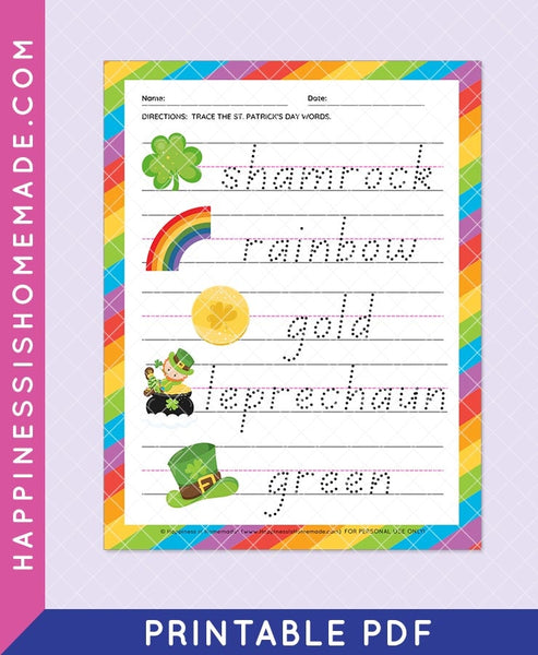 St. Patrick's Day Word Tracing – Happiness is Homemade